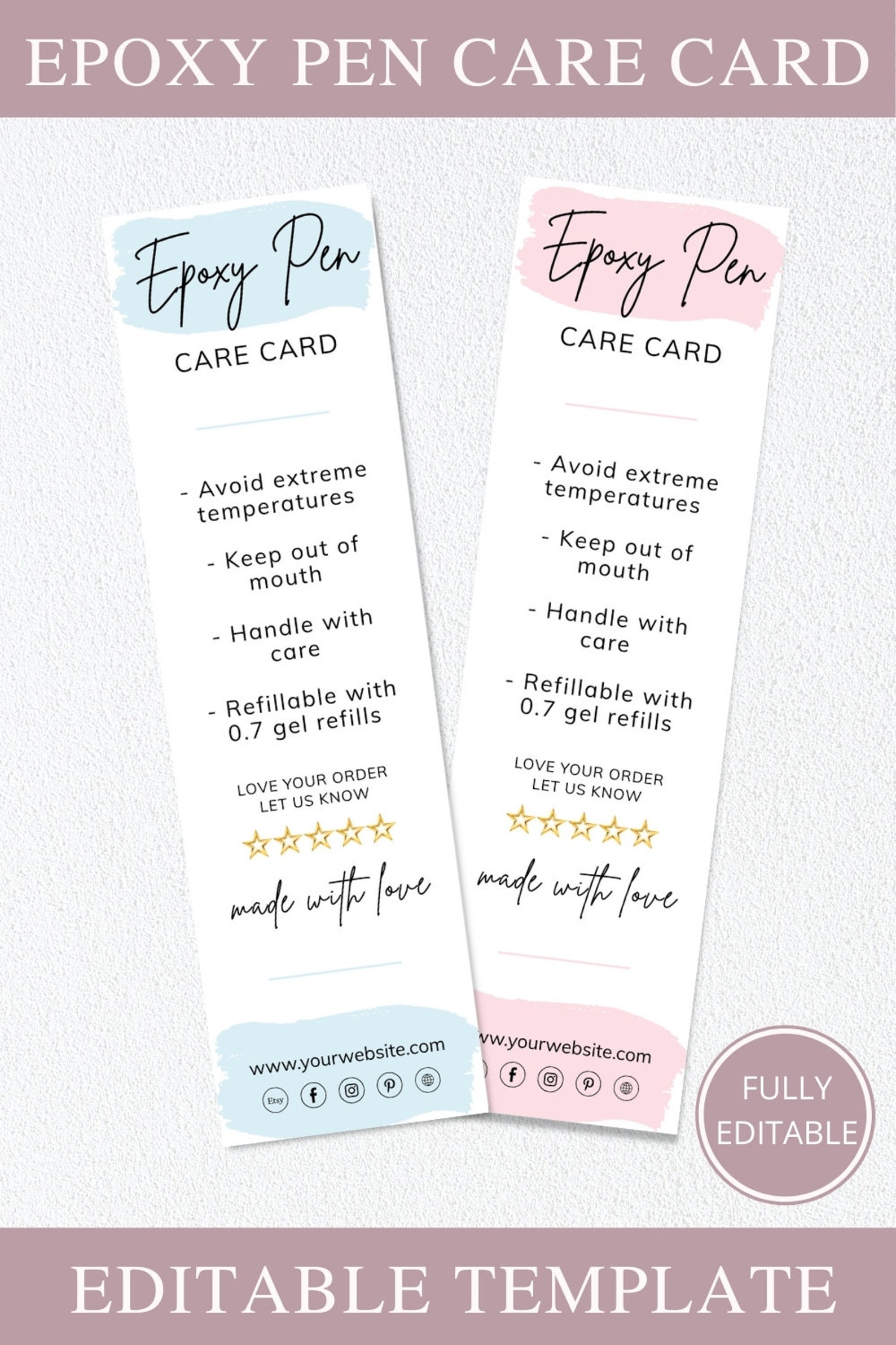 Epoxy Pen Care Card Template, Printable Pens Care Instructions Card ...