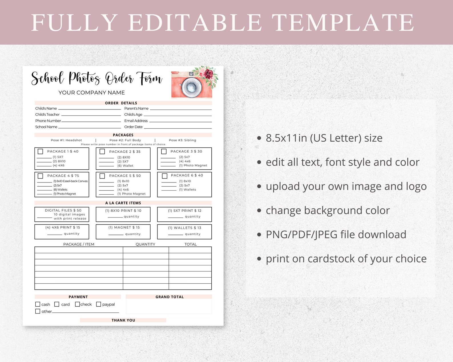 School Photography Order Form I Editable Canva Template I Preschool ...