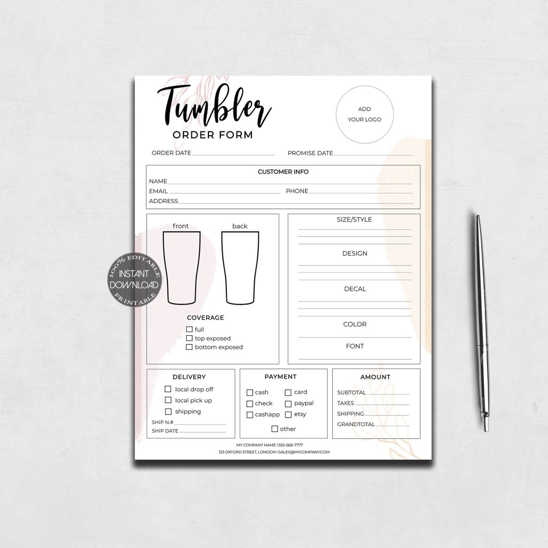 Tumbler Order Form Editable, Customize Order Form Template, Printable ...