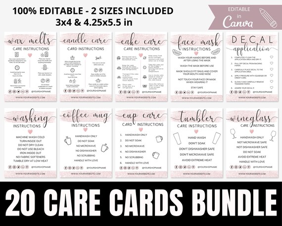 20 Care Cards Bundle Cake Card Instructions Candle Care - Etsy