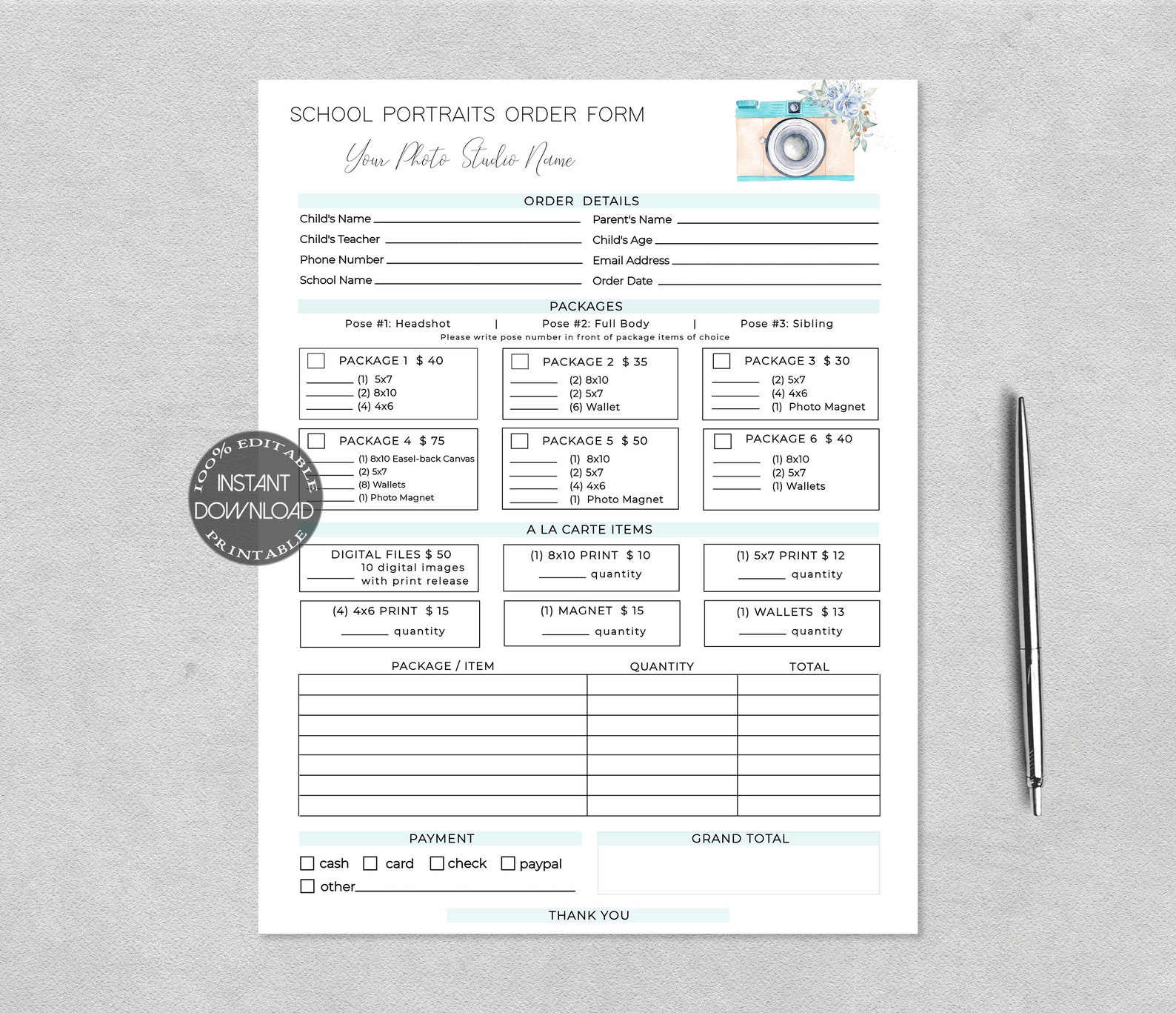 School Photography Order Form Template Preschool Photos | Etsy Canada
