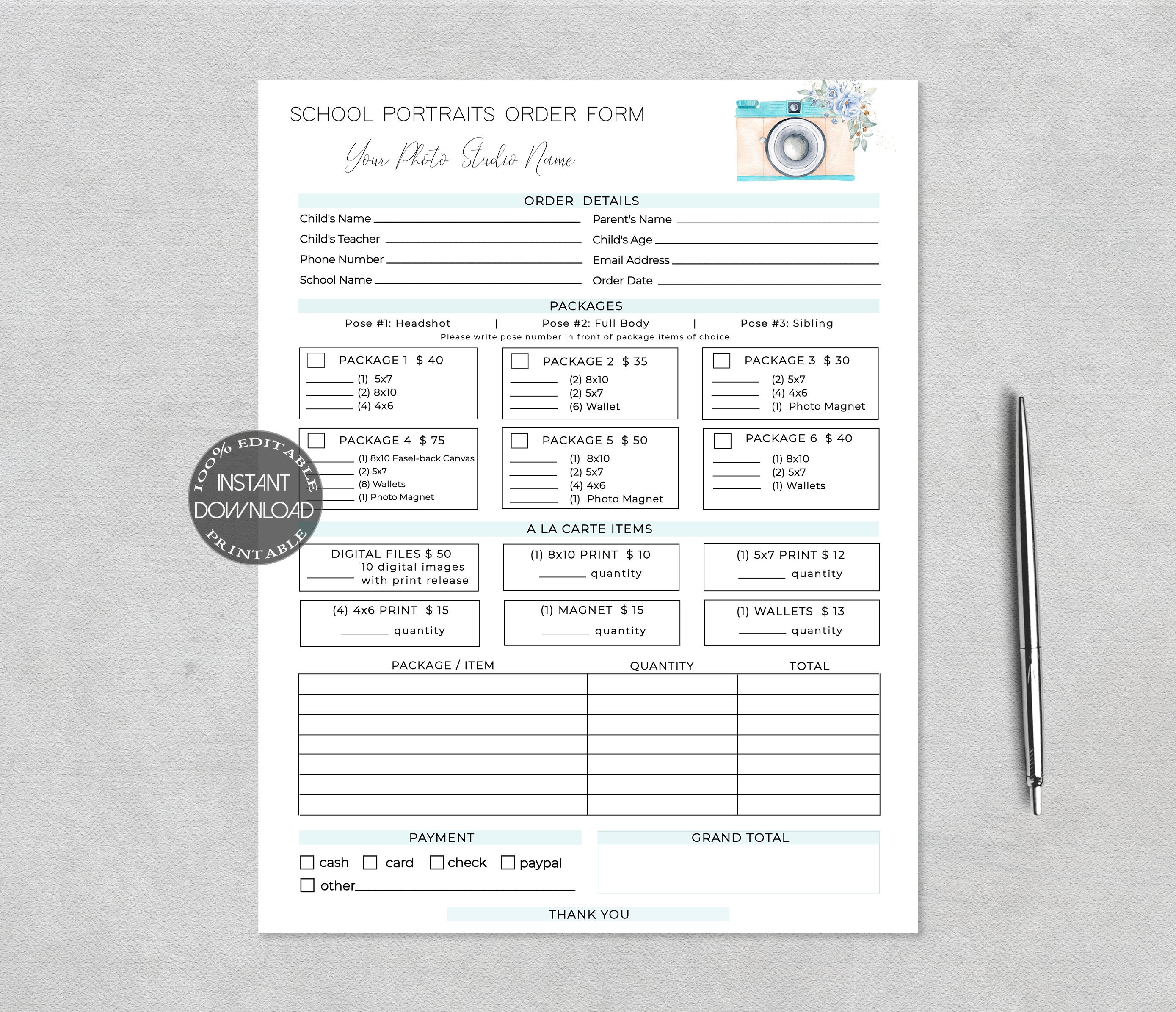 School Photography Order Form Template Preschool Photos | Etsy Canada