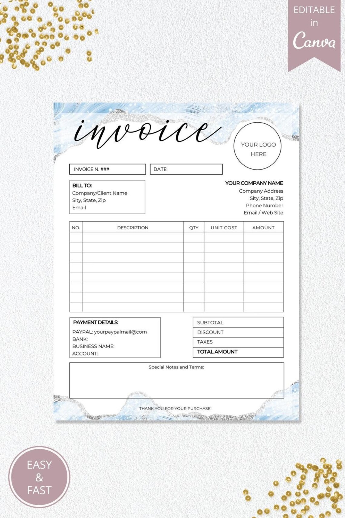 Editable Invoice Template Small Business Canva Template - Etsy