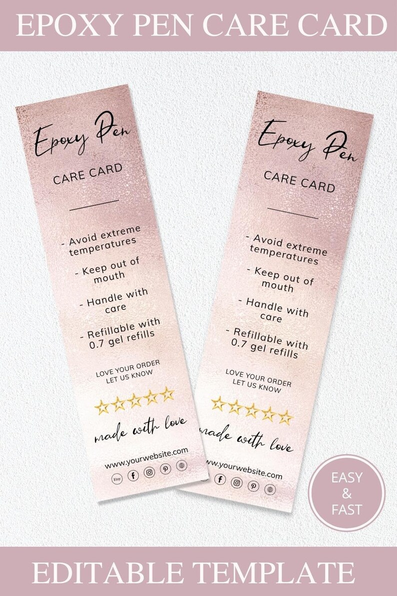 Editable Epoxy Pen Care Card Template Printable Pens Care | Etsy