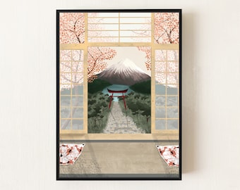 Japanese Print Cherry Blossom Tree, Pink Sakura Flower Market Print ...