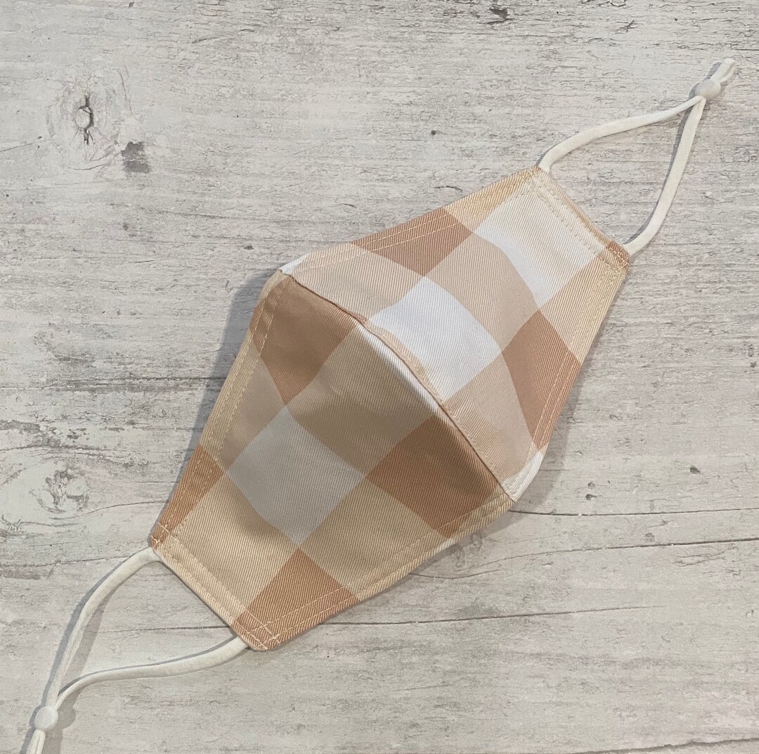 Gingham Buffalo Check White and Tan Blush Cotton Face Mask (reversible ...