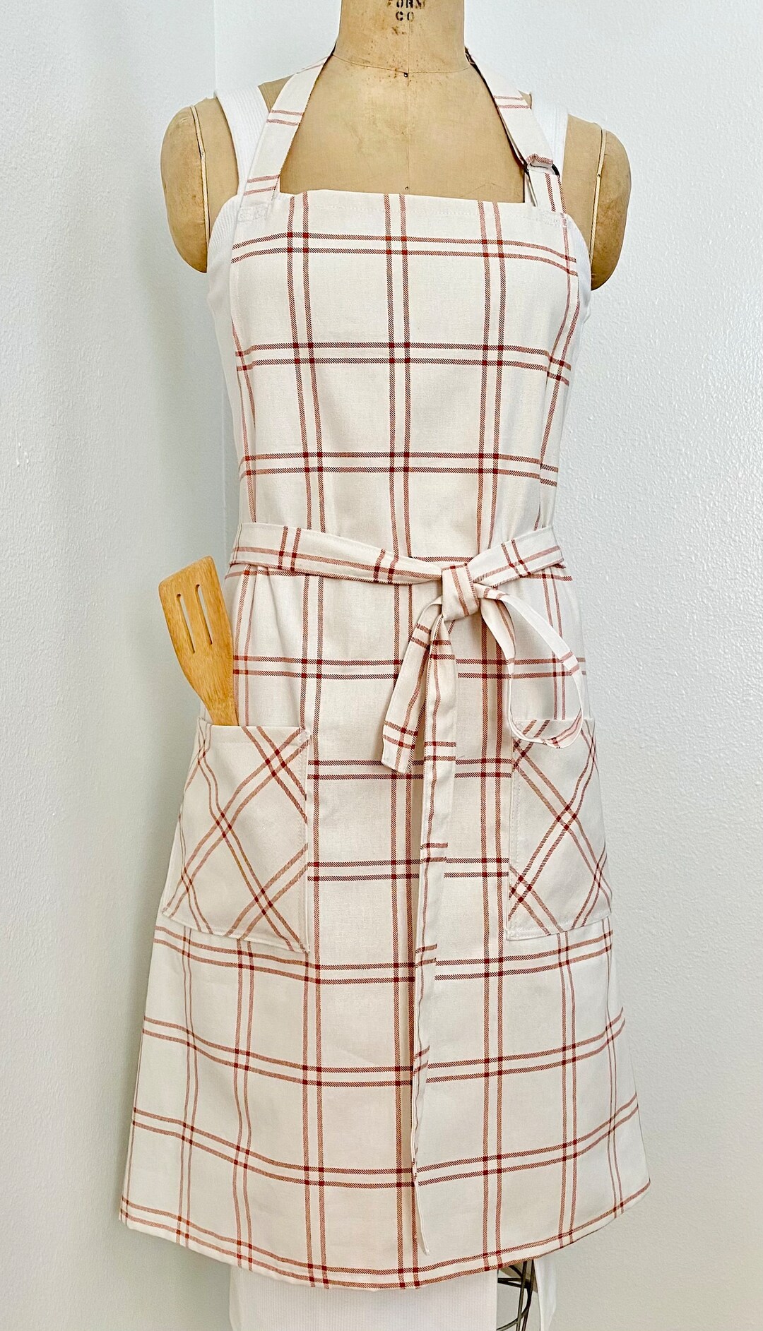 Bib Apron in Cream and Burnt Orange Grid Cotton Canvas Fabric With ...