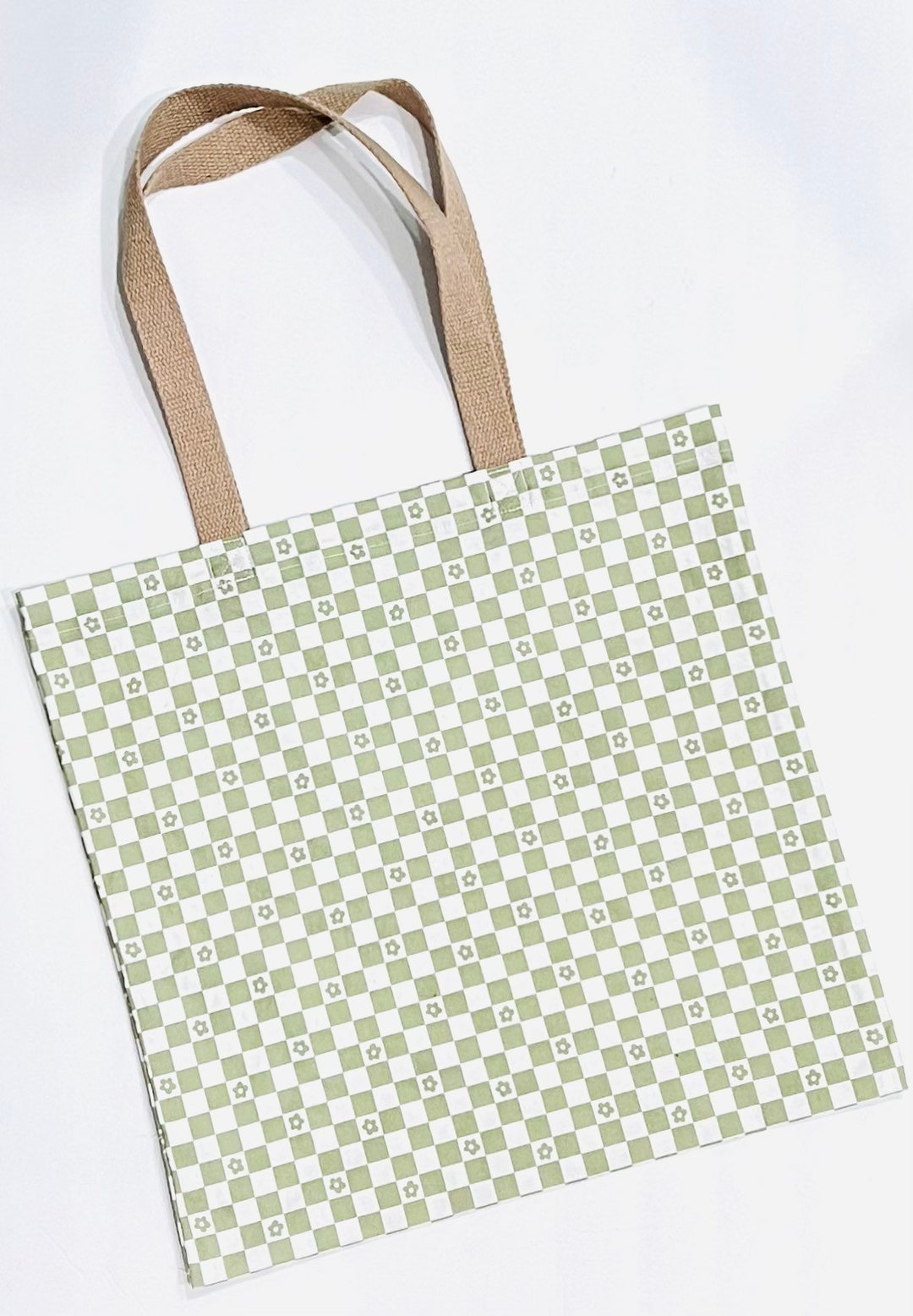 Tote Bag Cotton in Sage Green Flower Checker Print 15x15.5 Inches - Etsy