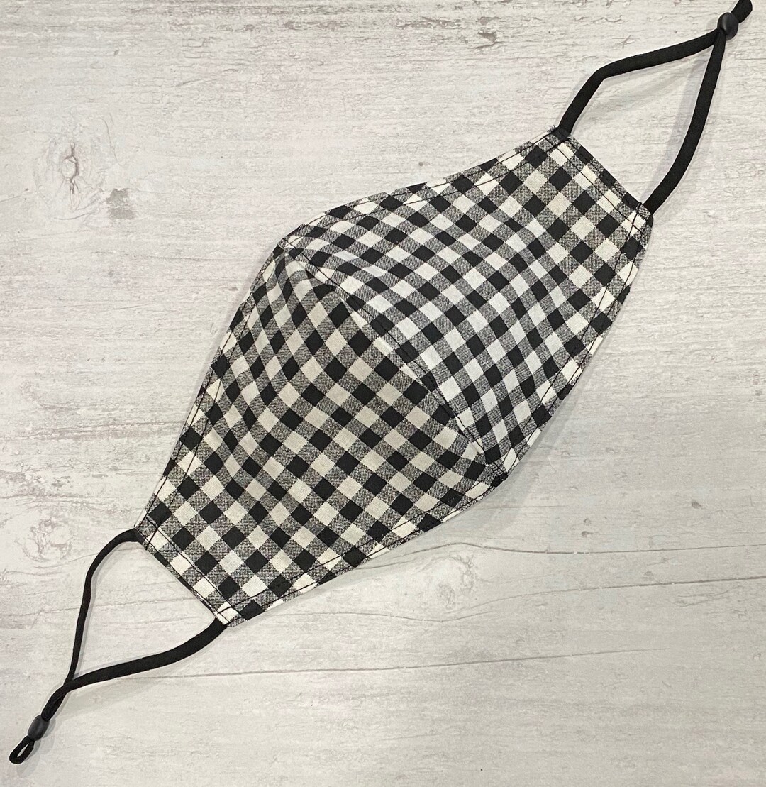 Gingham Black and Black Cotton Face Mask (1/4) (reversible BLACK and ...