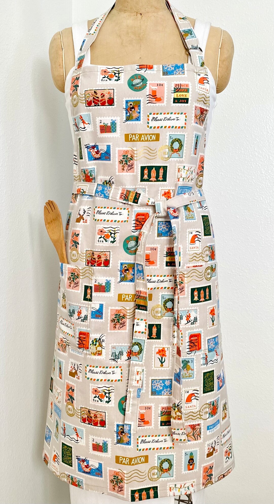 Bib Apron in Rifle Paper Holiday Stamps in Cream Cotton Fabric With ...