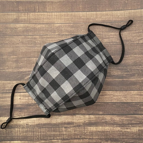 Gingham Black and Grey Print Cotton 3-D Face Mask - Etsy