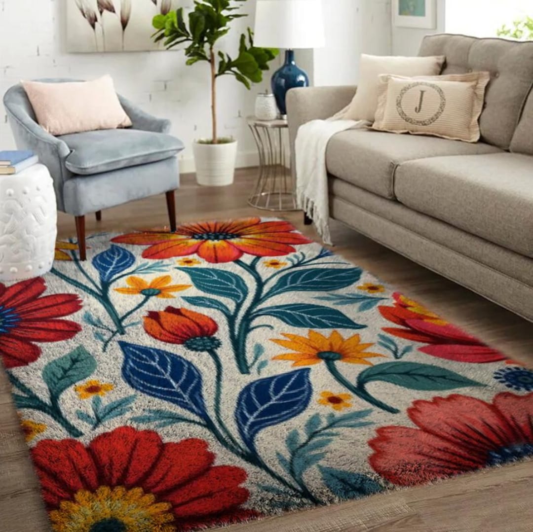 Floral Latch Hook Rug Kit: Acrylic Yarn, Printed Canvas (33x24 In) - Etsy