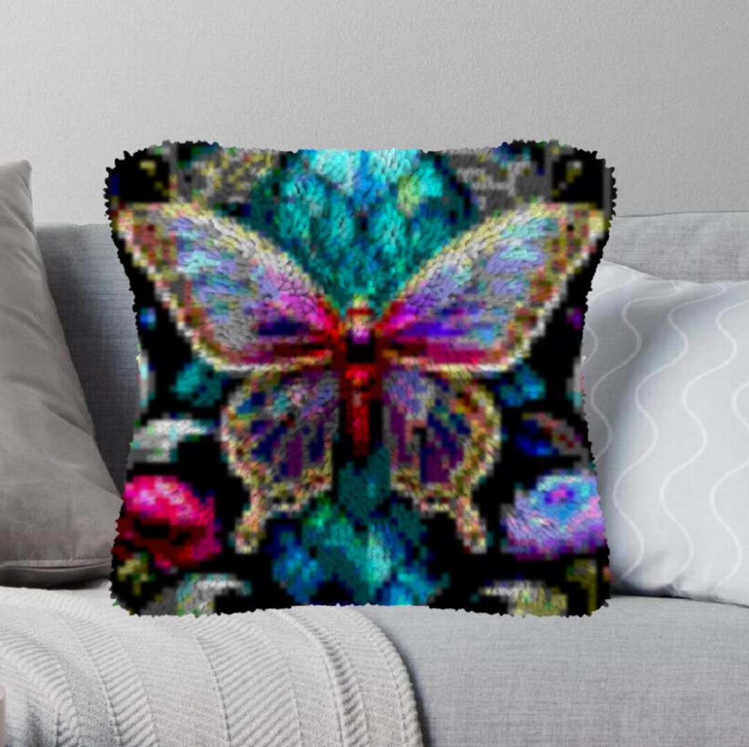 Butterfly Latch Hook Pillow Kit Pattern: DIY Photo Embroidered ...