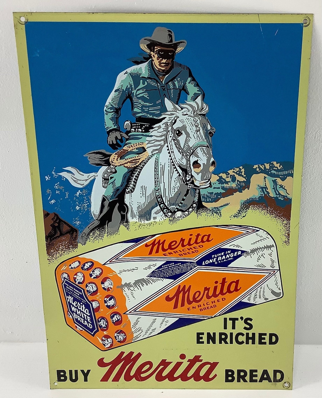 Vintage Metal Sign Merita Bread Lone Ranger Cowboy Riding Silver 9.75"w ...