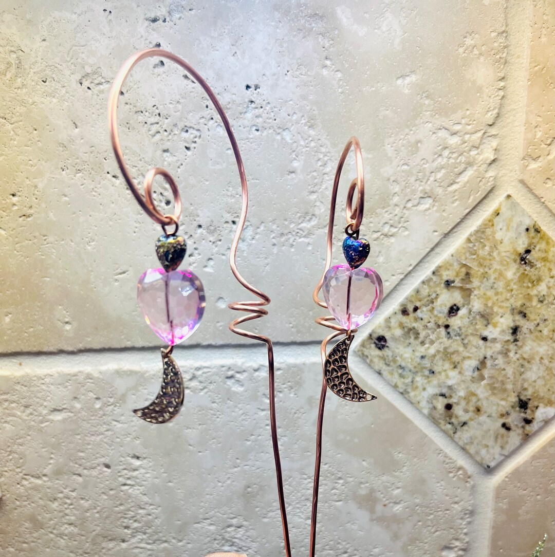 Copper Wire Garden Stake With Pink Glass Heart and Crescent Moon, Plant ...
