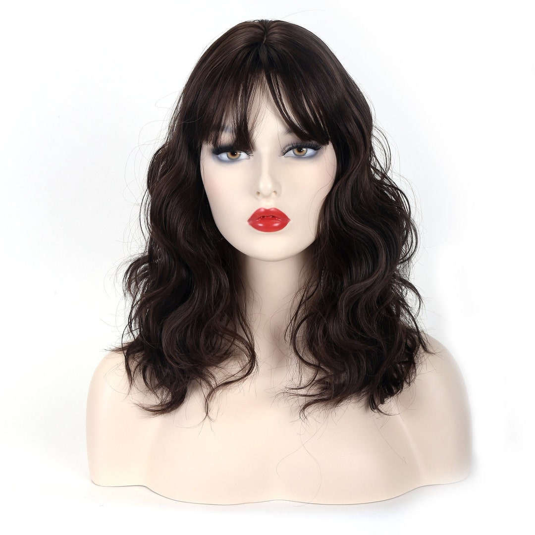 Natural Dark Brown Wavy Wig With Bangs,synthetic Wig Shoulder Length - Etsy
