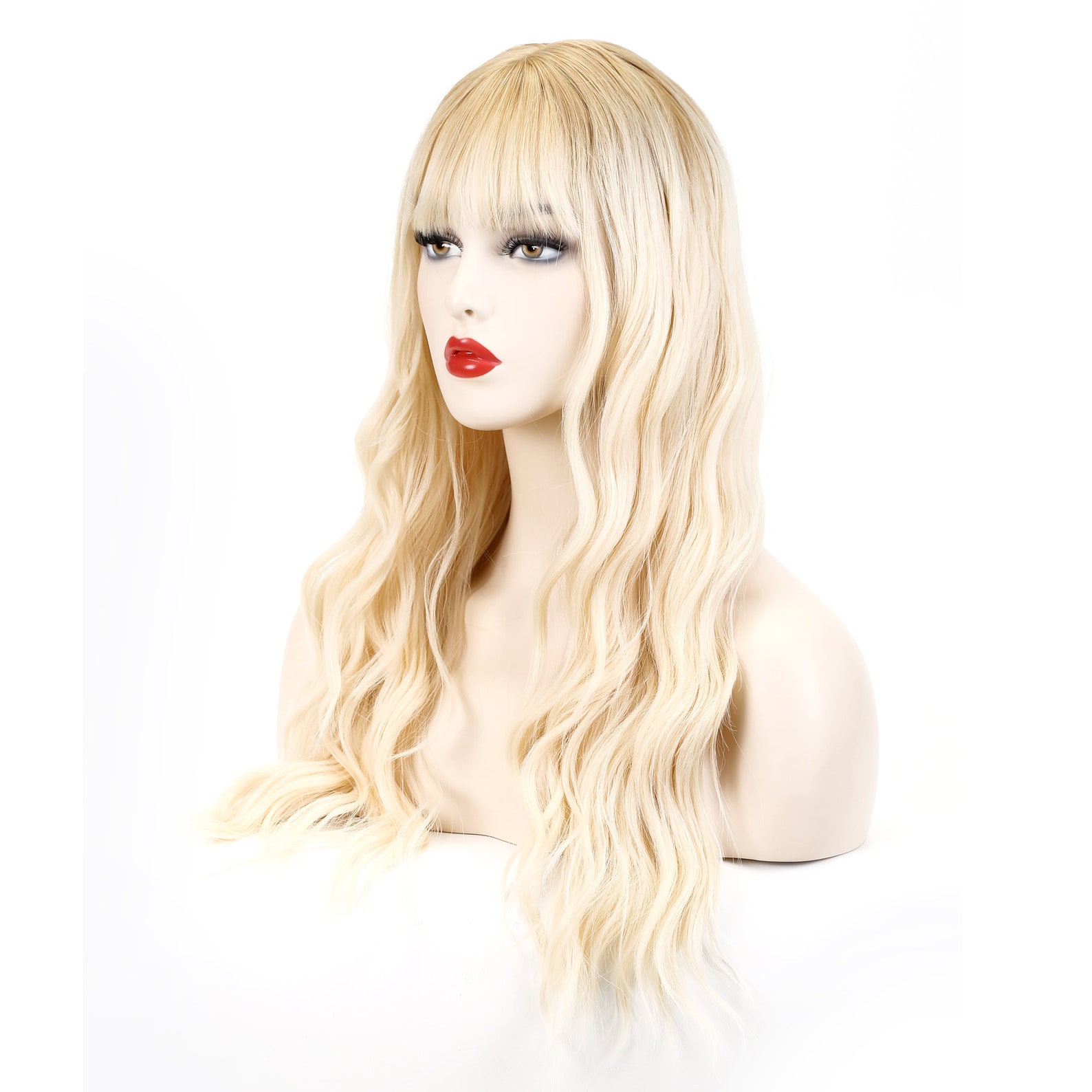 Long Loose Wave Platinum Blonde Wig With Neat Bangs Synthetic - Etsy