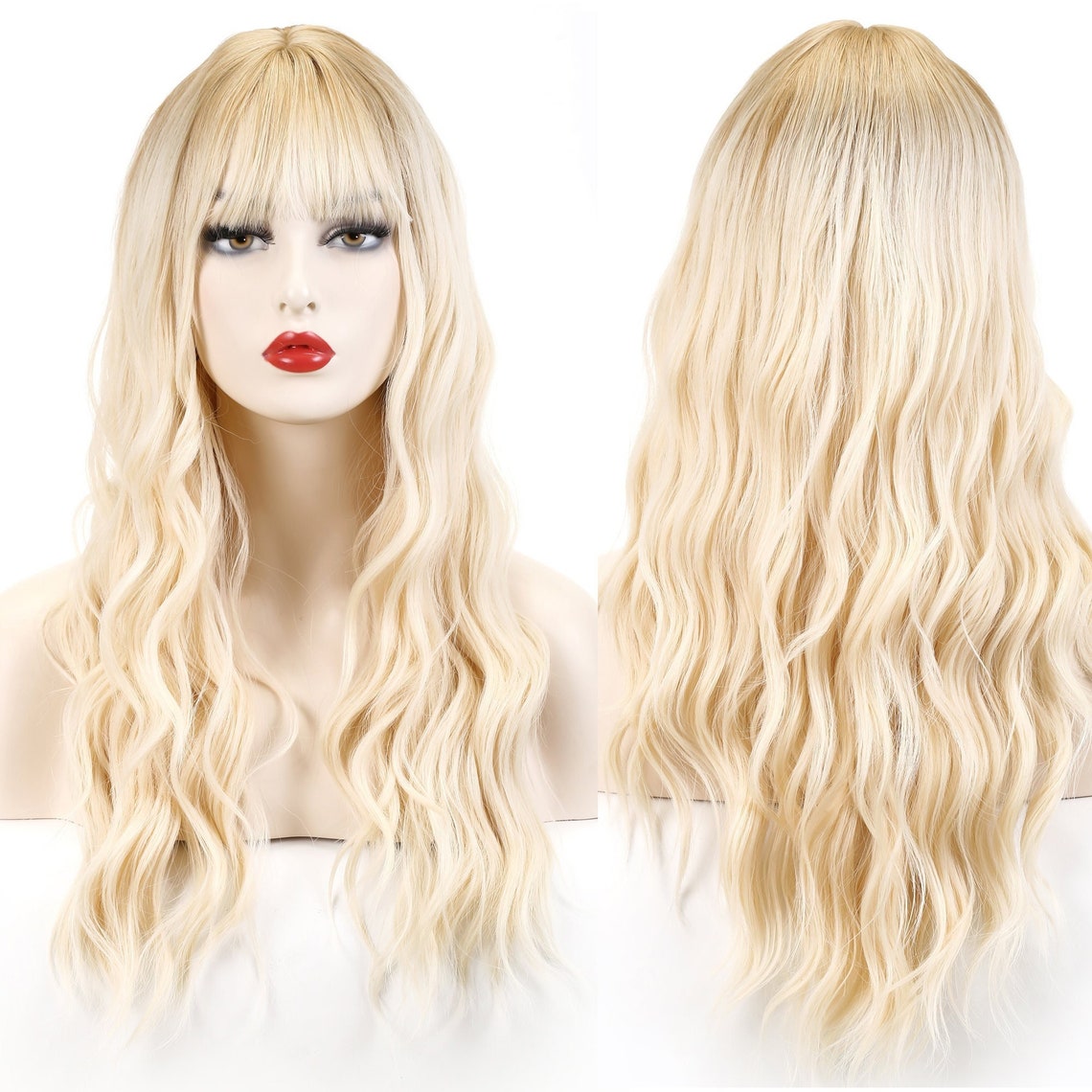 Long Loose Wave Platinum Blonde Wig With Neat Bangs Synthetic - Etsy