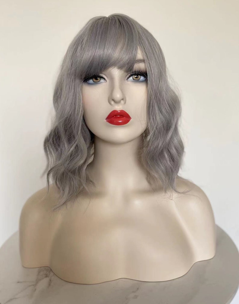 Natural Silver Grey Wig Synthetic Hair Short Wavy Bob Wig With - Etsy