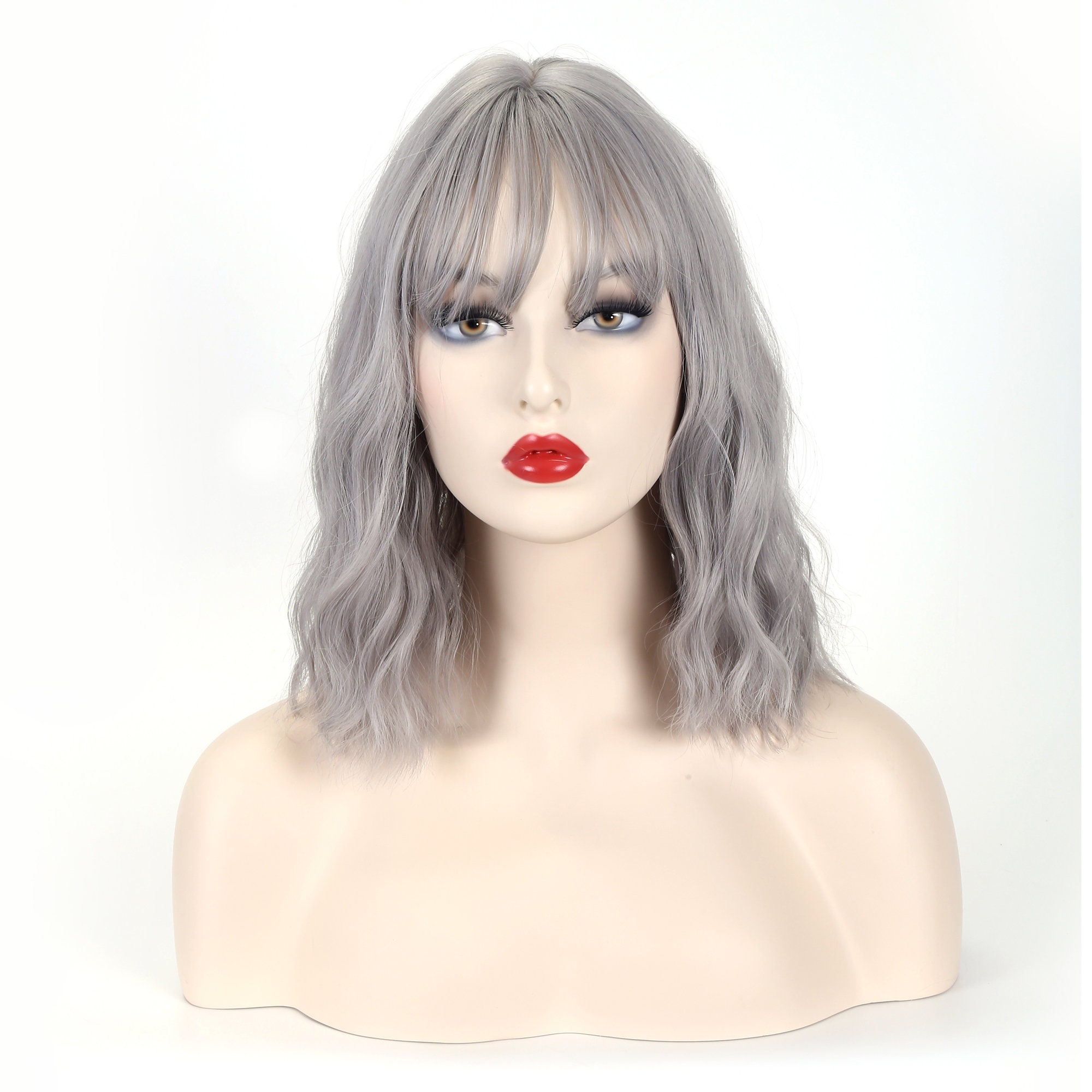 Silver Gray Wig With Bangshort Bob Curly Wig - Etsy