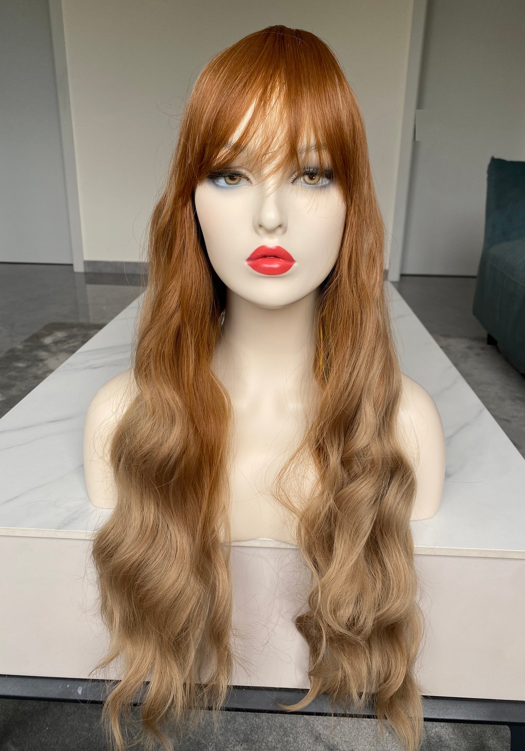 Strawberry Blonde Mixed Color Wig,long Wavy Light Brown Wig With Bangs ...