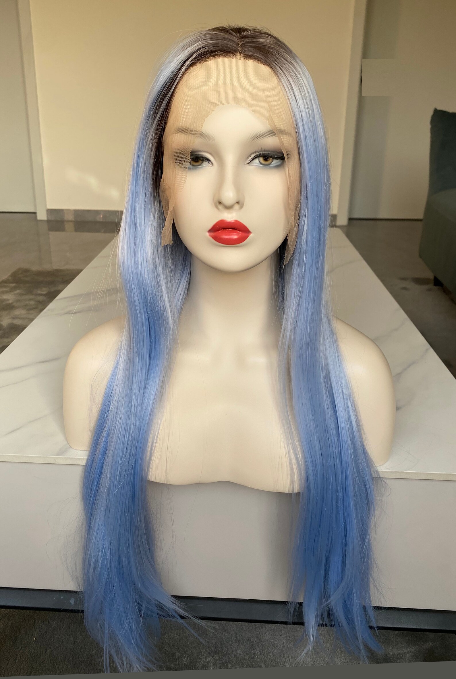Long Straight Blue Ombre Lace Front Wig,heat Resistant Synthetic Hair ...