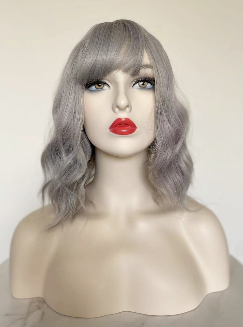 Natural Silver Grey Wig Synthetic Hair Short Wavy Bob Wig With - Etsy