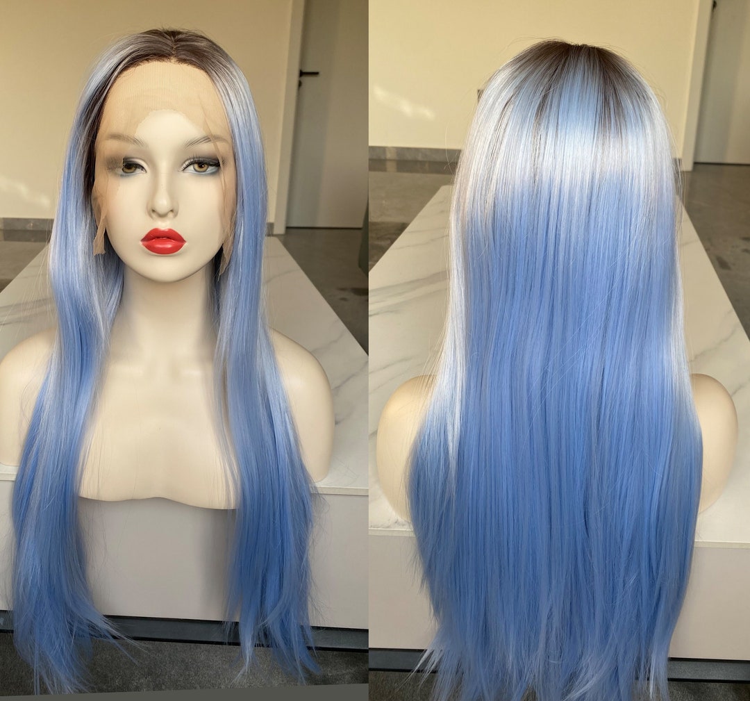 Long Straight Blue Ombre Lace Front Wig,heat Resistant Synthetic Hair ...