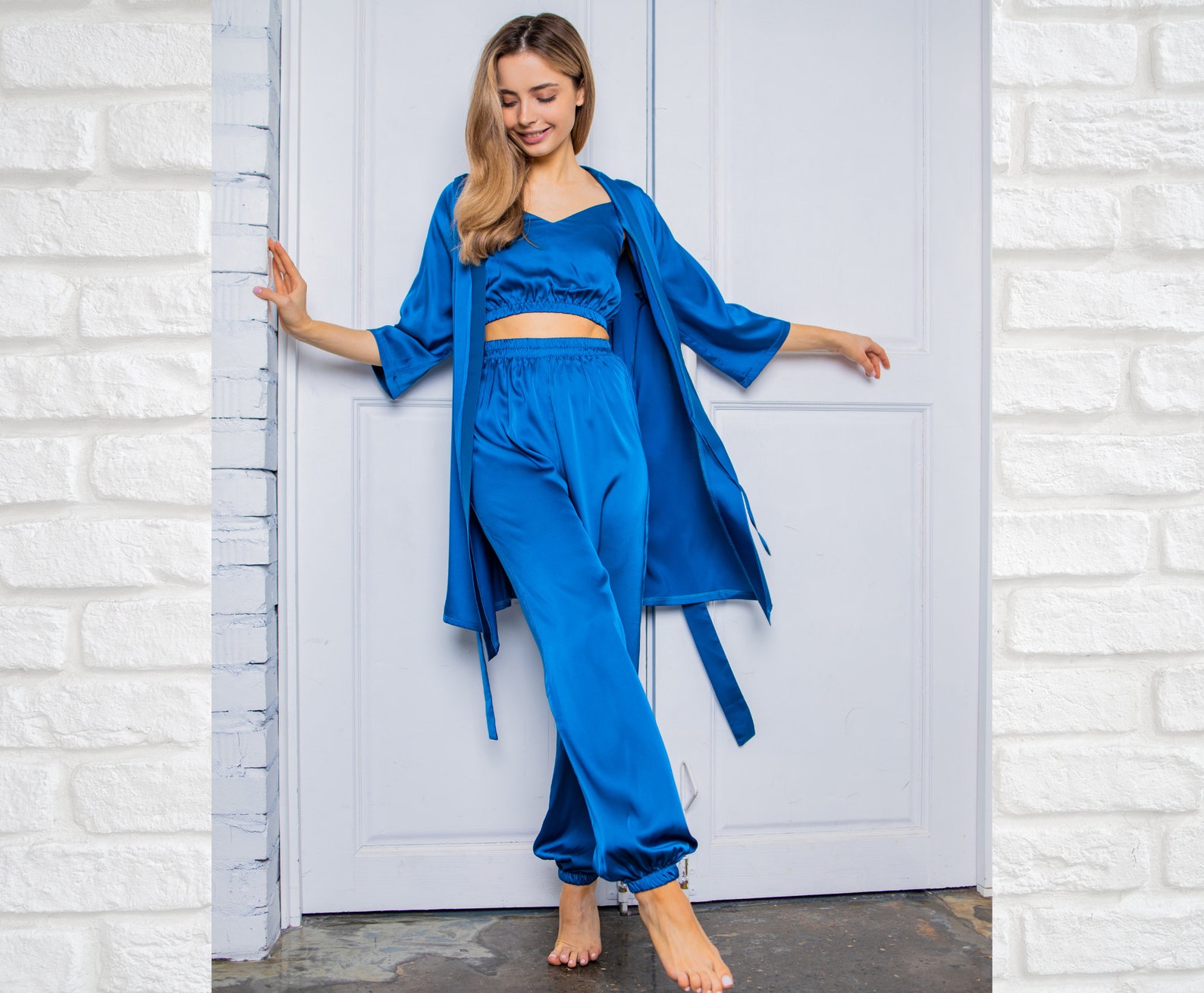 Indigo Pajama Set With Wide Leg Highwaisted Pants And Crop Top Etsy