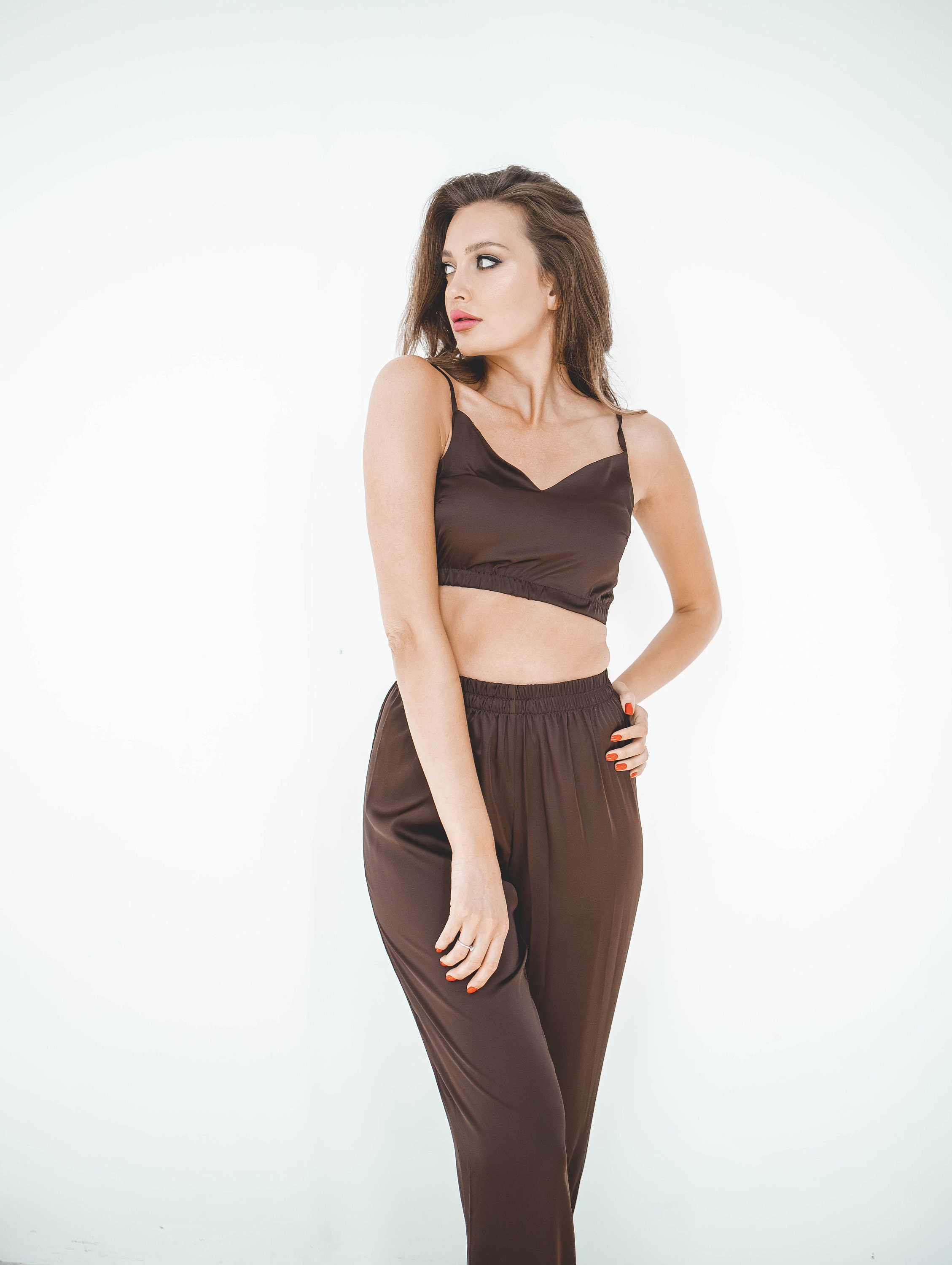 Chocolate Brown Pajama Set Harem Pants And Crop Top T For Etsy