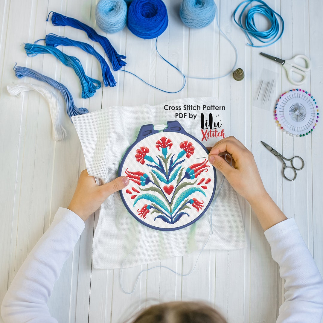 Ottoman Iznik Floral Cross Stitch Pattern, Easy Beginner Embroidery ...