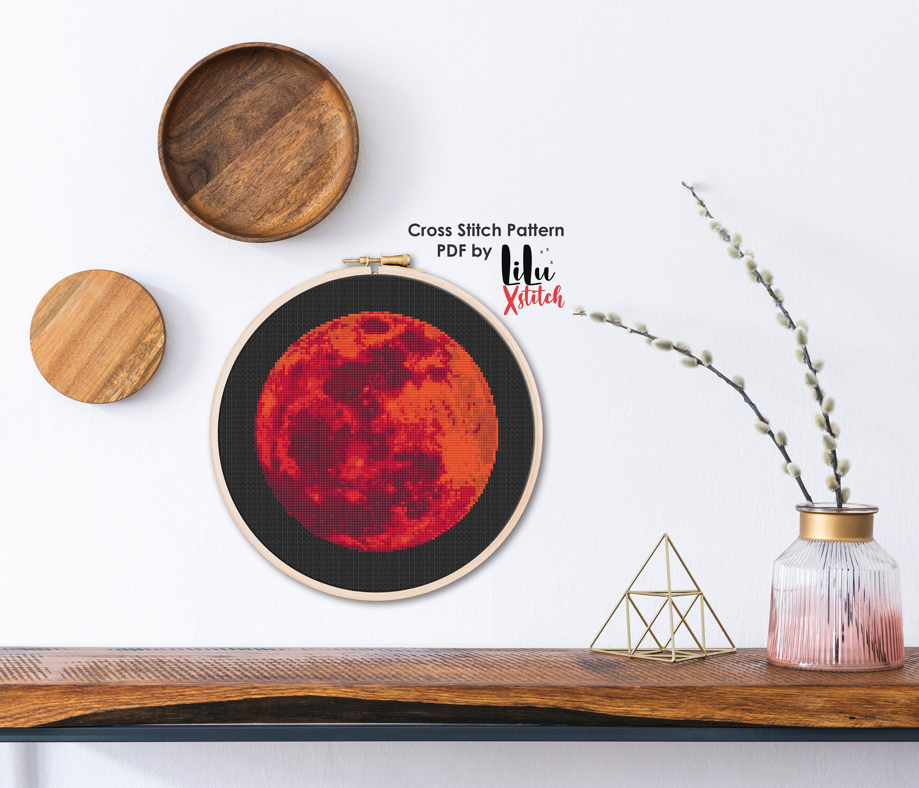 Blood Moon Eclipse Cross Stitch Pattern, Beginner Geek Embroidery (PDF ...