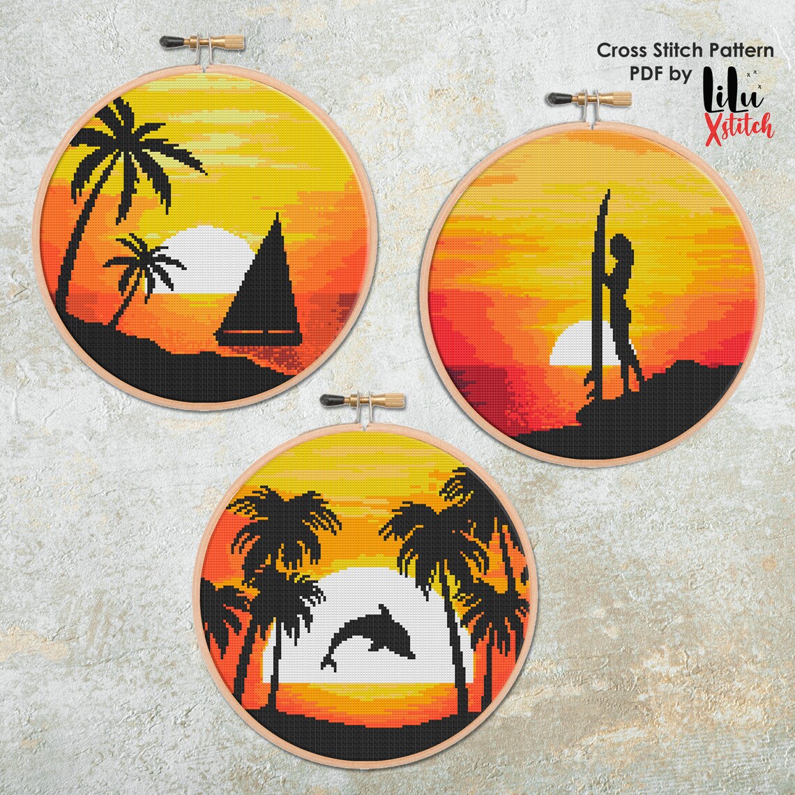 SET of 3 Sunset Sea Cross Stitch Pattern. Nautical Landscape | Etsy UK