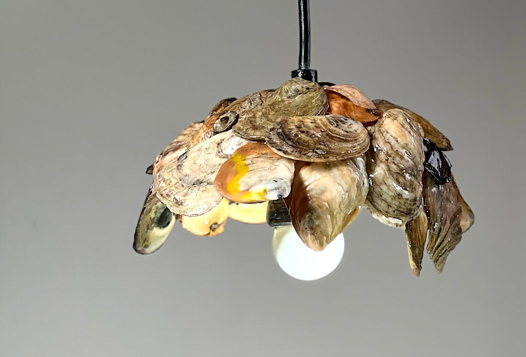 SHELL PENDANT LIGHT Objet D'art Hardwired Oyster Shell Resin Watercolor ...