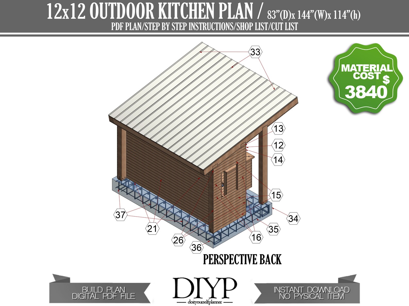 12x12 Outdoor Kitchen Bar Plans With Roof (digital Download) - Etsy