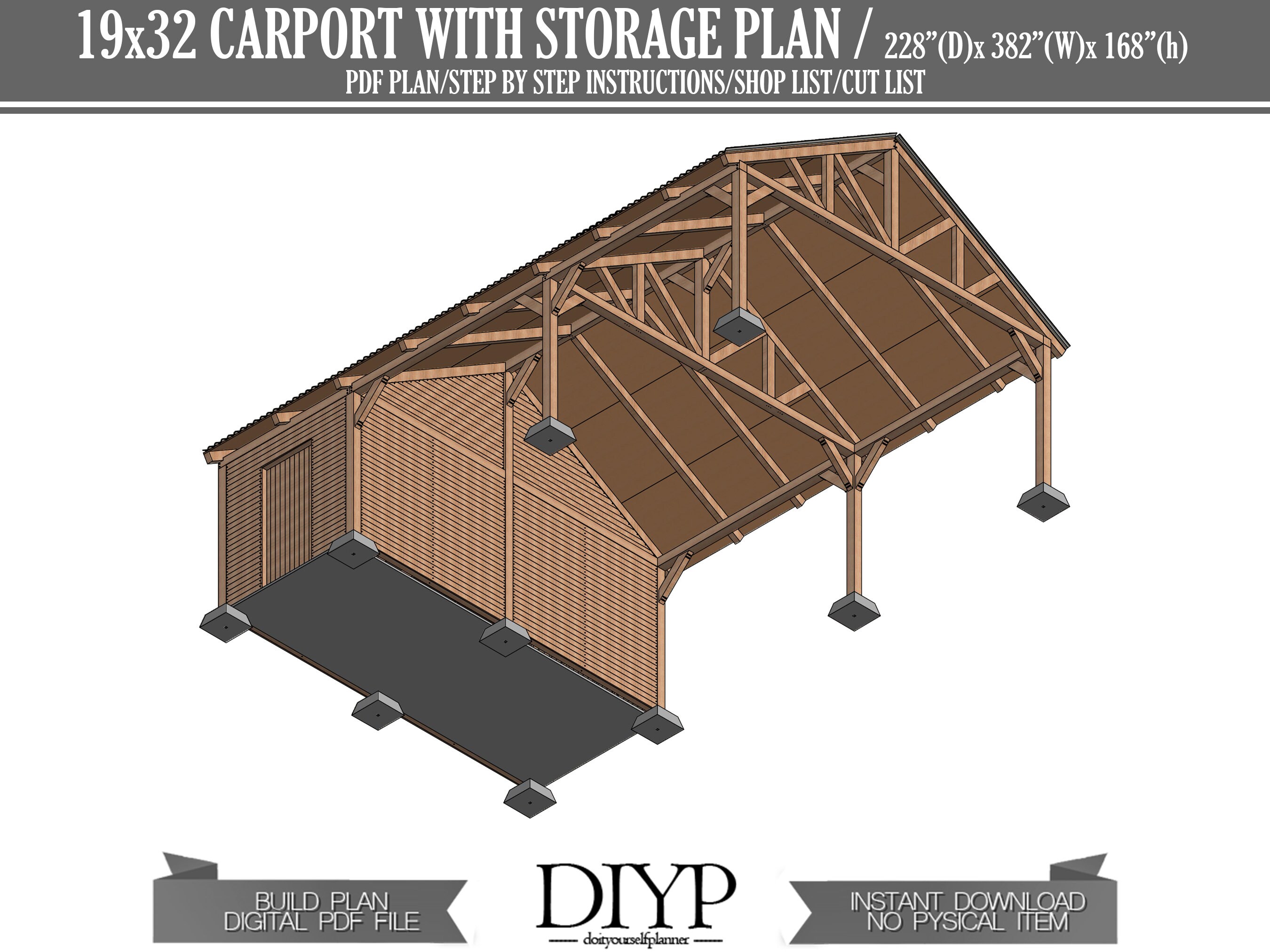 Carport With Storage Plan Car Garage Build Plan Two Car | Etsy Canada