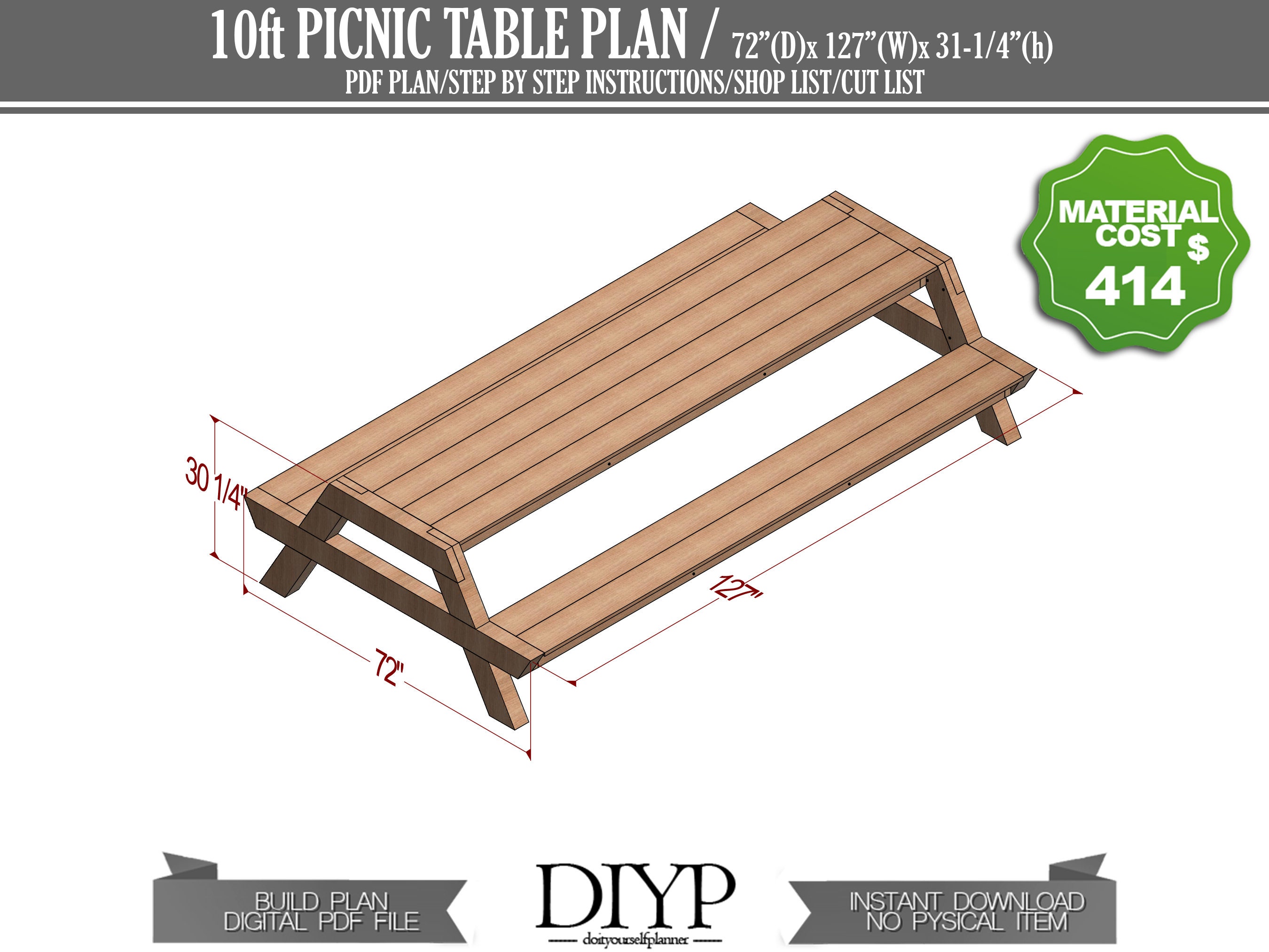10 Foot Picnic Table Plans | PDF Download - Etsy