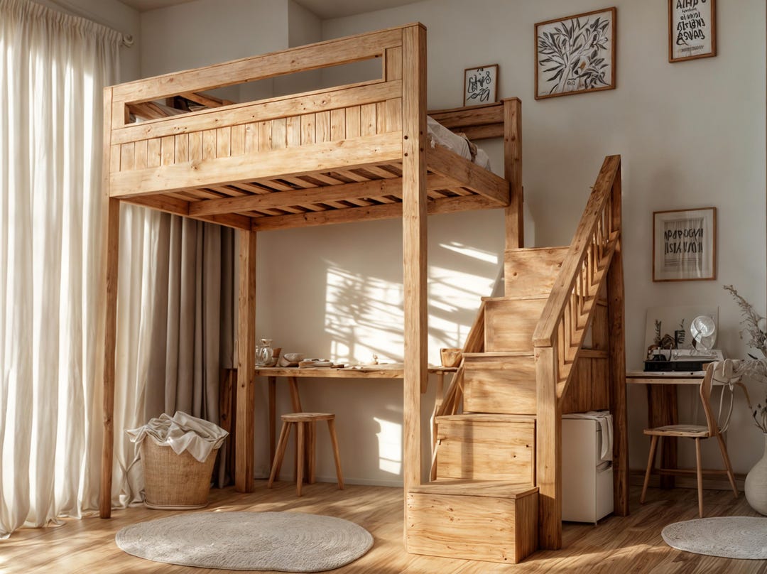 Queen Size Loft Bed Plan With Storage Ladder (PDF) - Etsy