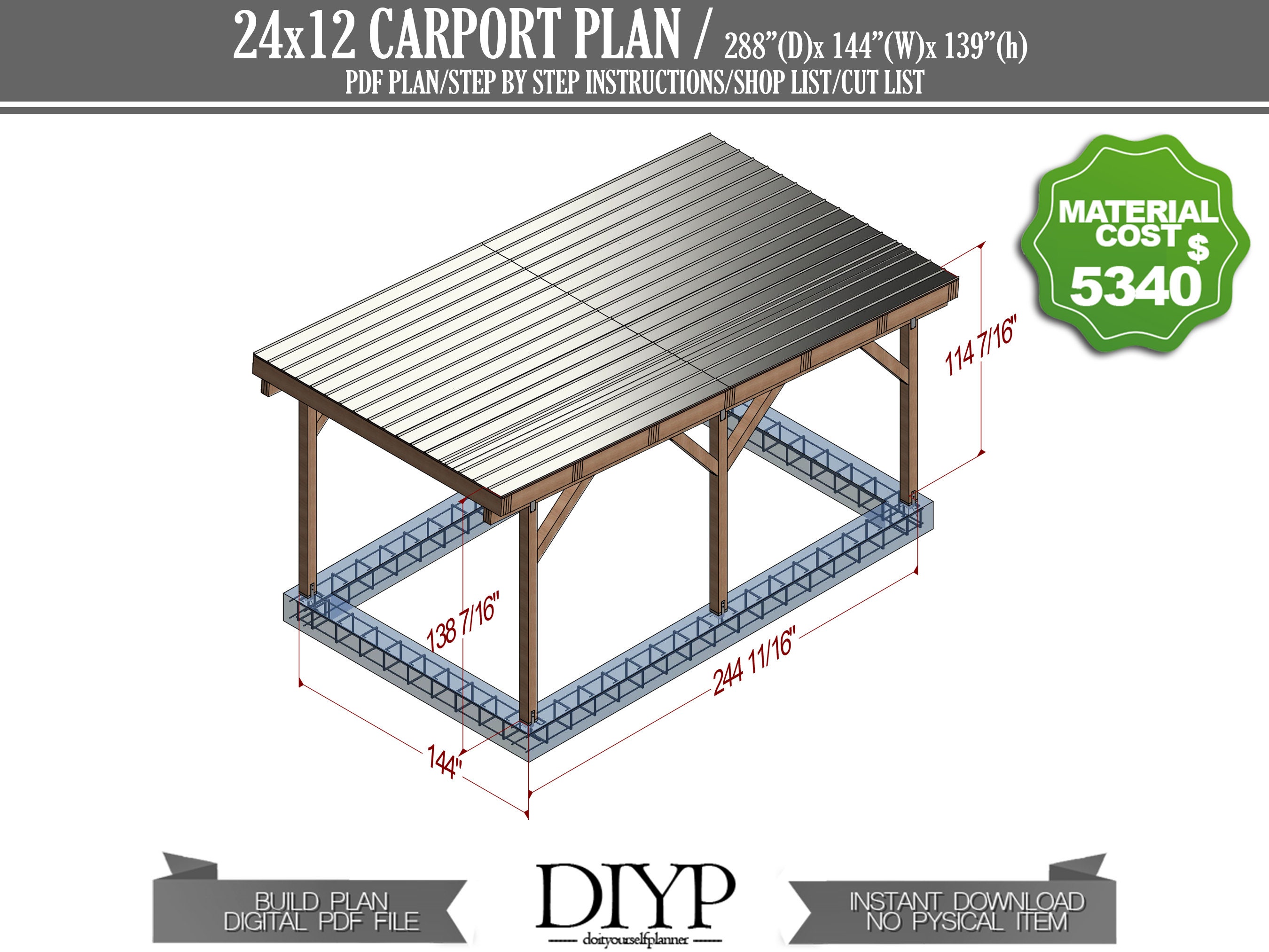 12'x24' Carport Plans DIY Wooden Car Garage - Download Printable PDF - Etsy