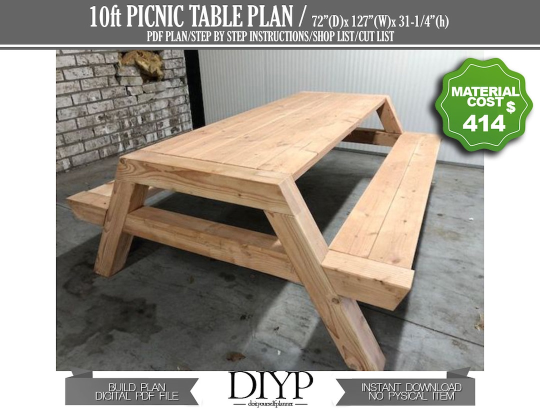 10 Foot Picnic Table Plans | PDF Download - Etsy