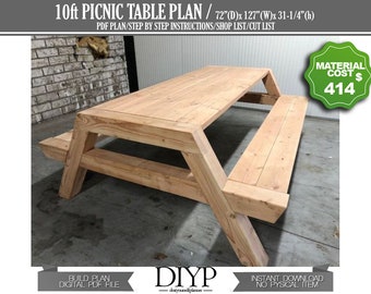 6 Foot Picnic Table Plans PDF Download - Etsy
