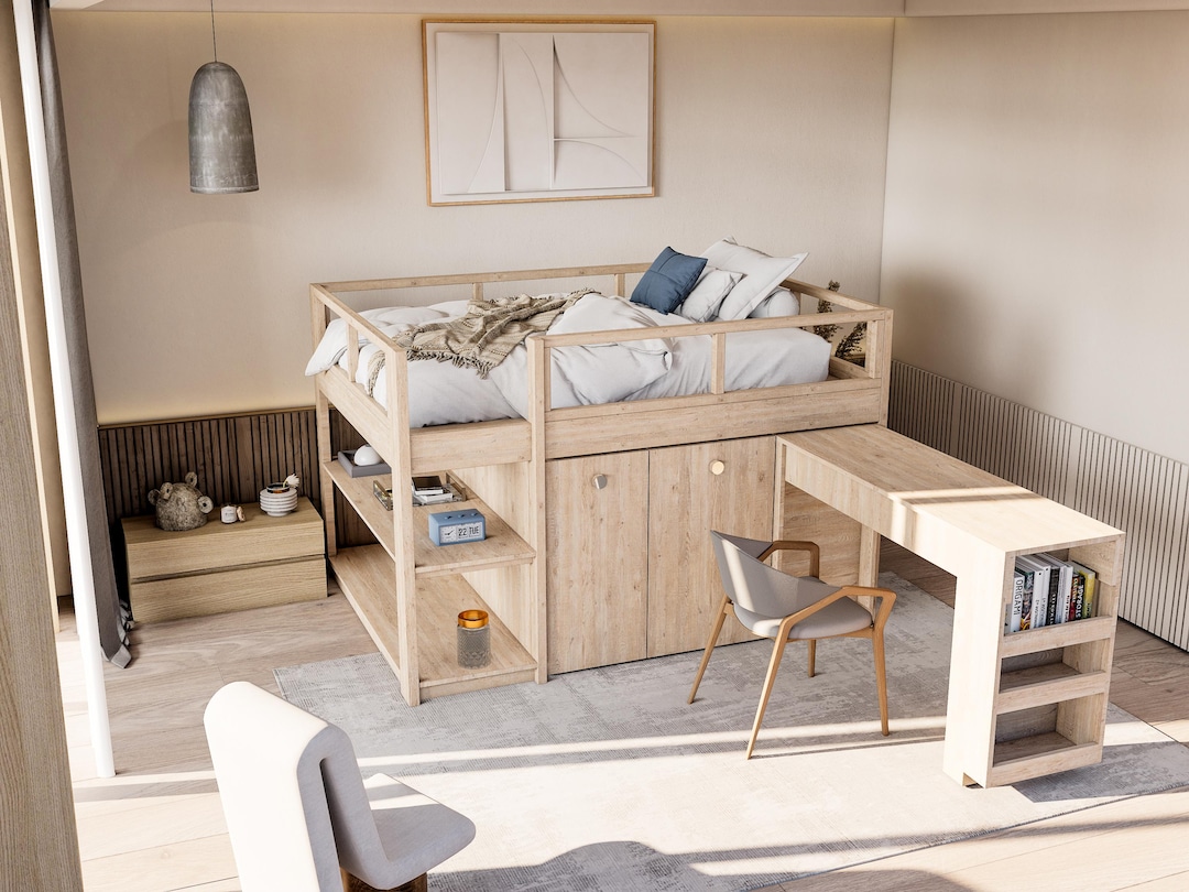 Lit superposé double avec plan de rangement, bureau et tiroirs (plan de ...