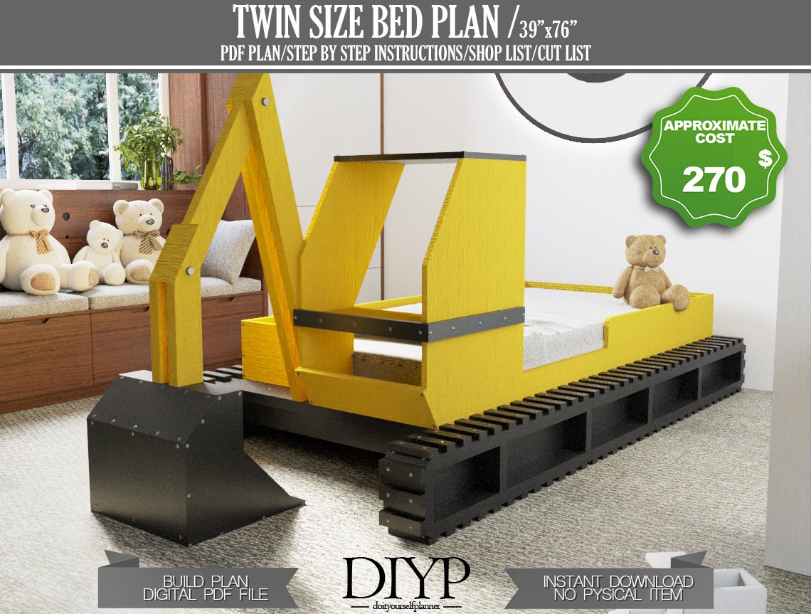 Excavator Bed Plans, Twin Size, Children's Bulldozer Bed (PDF Pattern ...