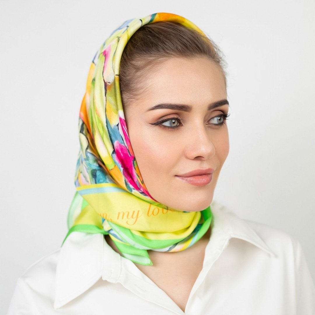 Silk Head Scarf Summer in Yellow With Flower and Fruit Motifs by Iryna ...