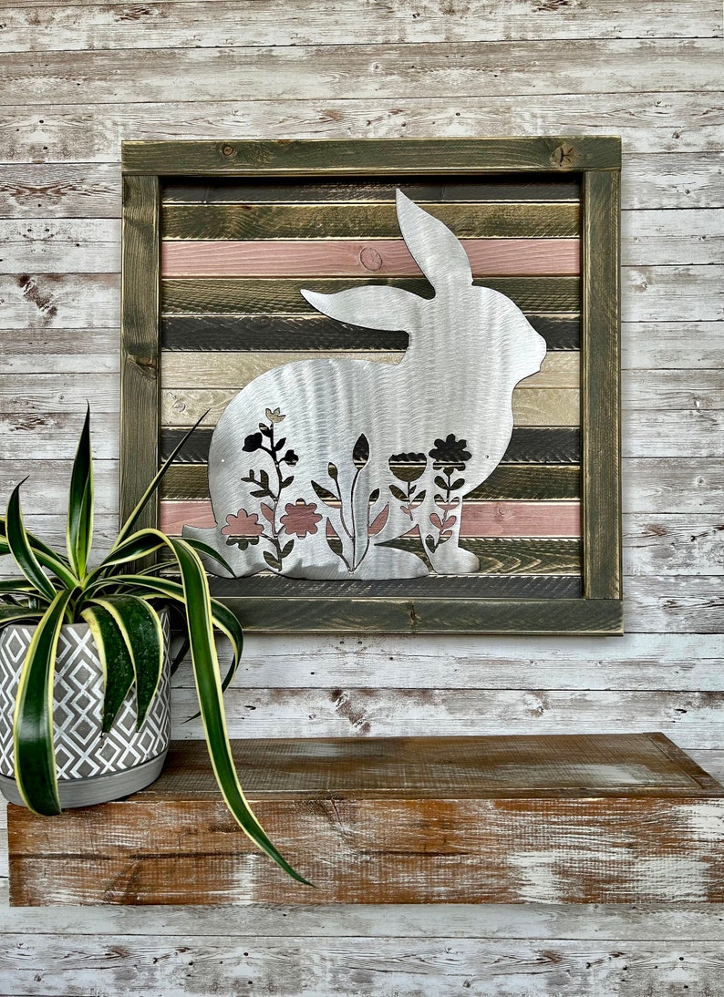 Spring Bunny Sign / Flowers / Weathered Wood / Metal / Rustic ...