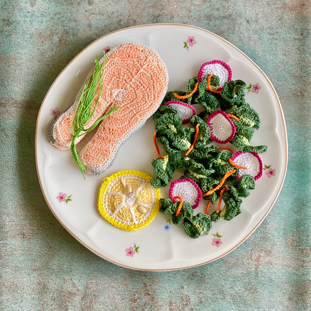 Crochet Dinner Set - Salmon Steak With Lemon Slice and Dill, Kale Salad ...