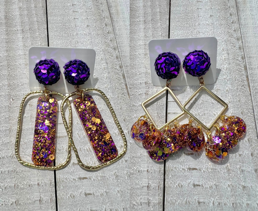 Purple and Gold Sequin Topper Metal Accent Drop Earrings - Etsy