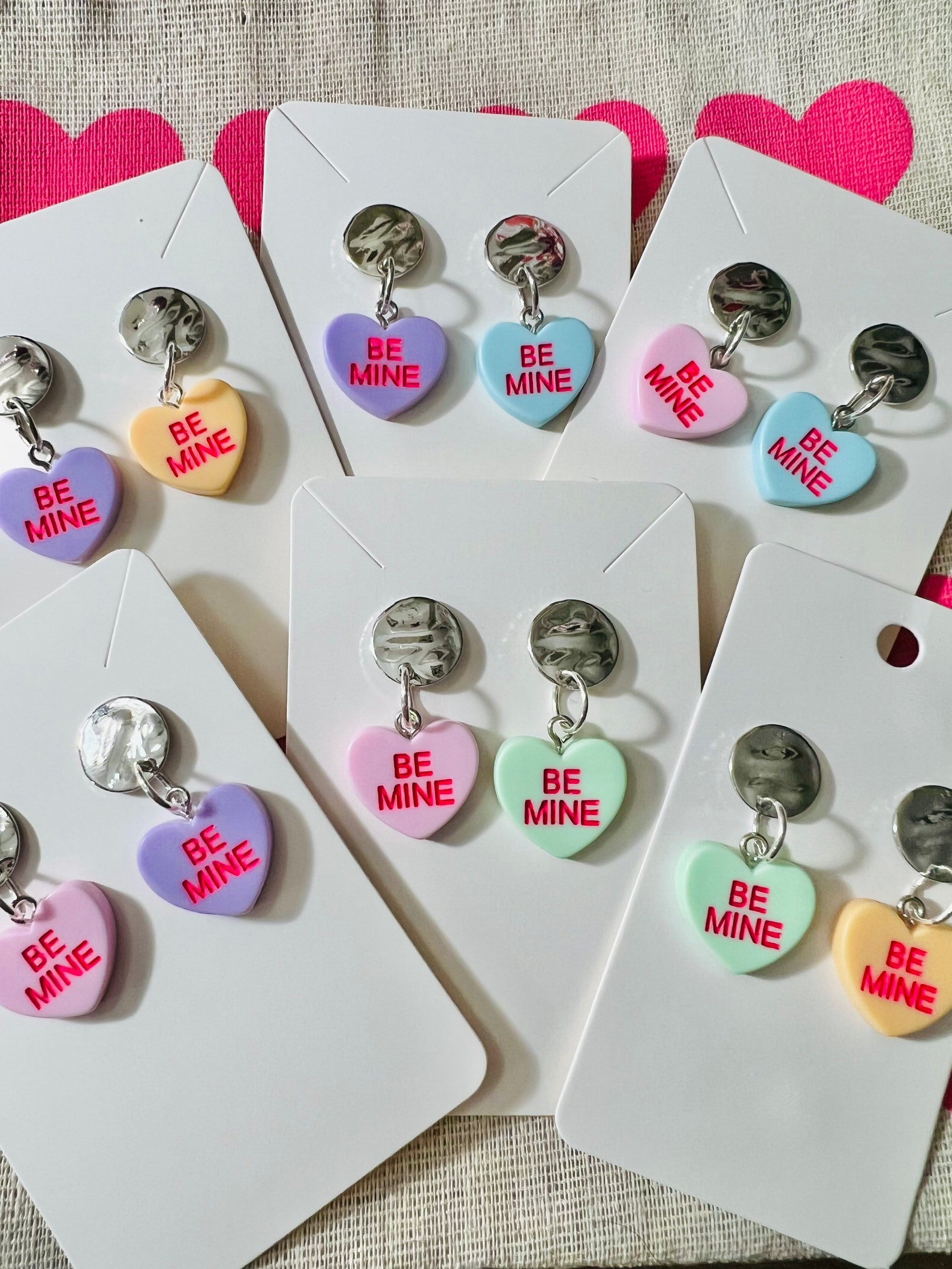 Be Mine Conversation Heart Valentines Dangles; Hammered Silver Topper ...