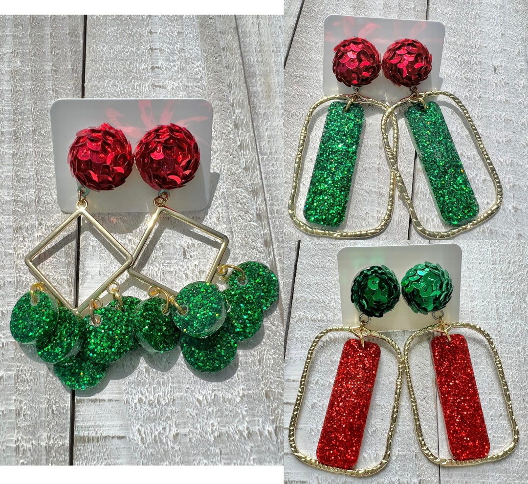Sequin Topper Christmas Metal Accent Drop Earrings - Etsy