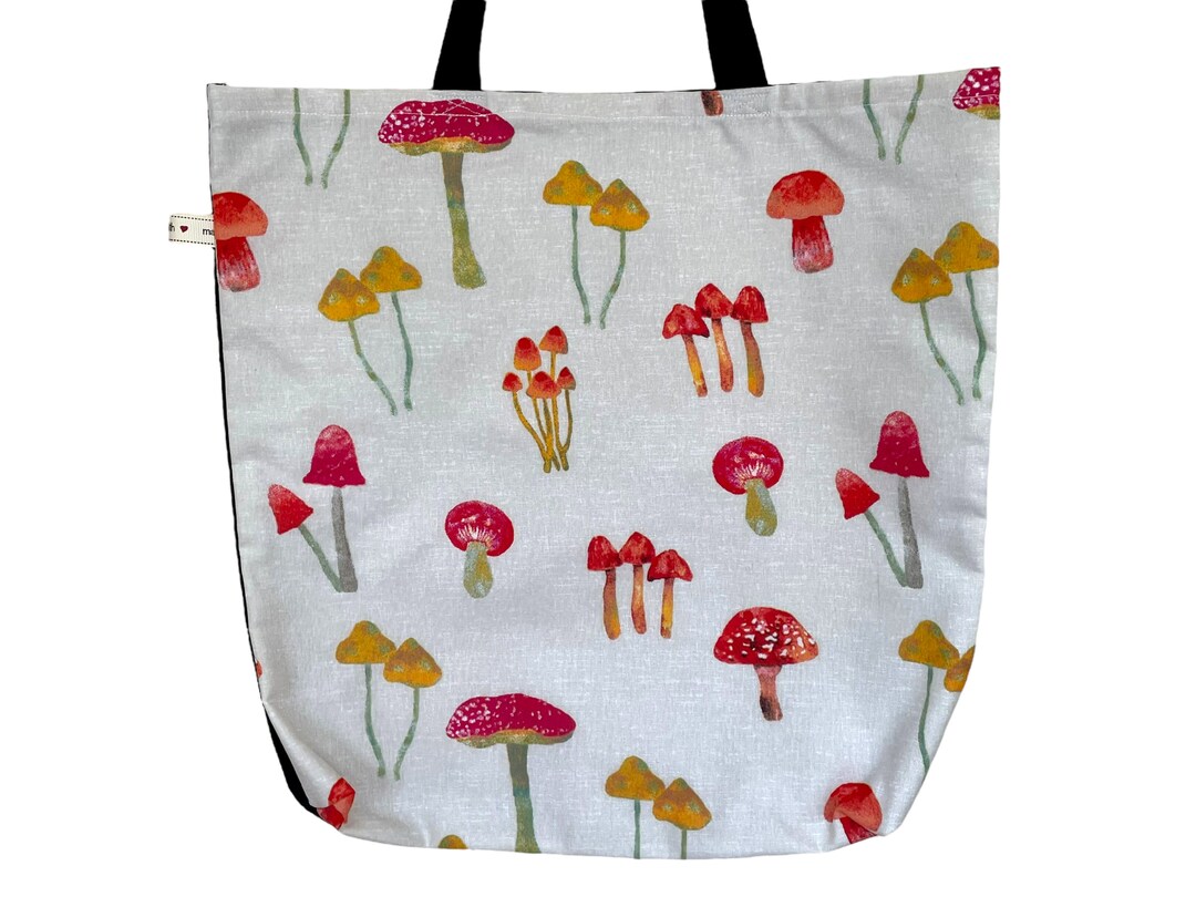 Woodland Toadstool Tote Bag. Lined Shopping Bag. Reusable, Black ...